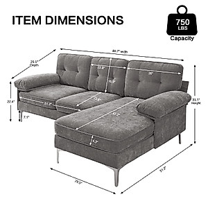 TEKAMON 82.7" Sectional Sofa Couch with Chaise, 3 Seats L Shape Reversible Sofa, Comfy Modern Chenille Fabric Convertible Couch for Living Room, Apartment, Small Spaces with Removable Covers, Grey