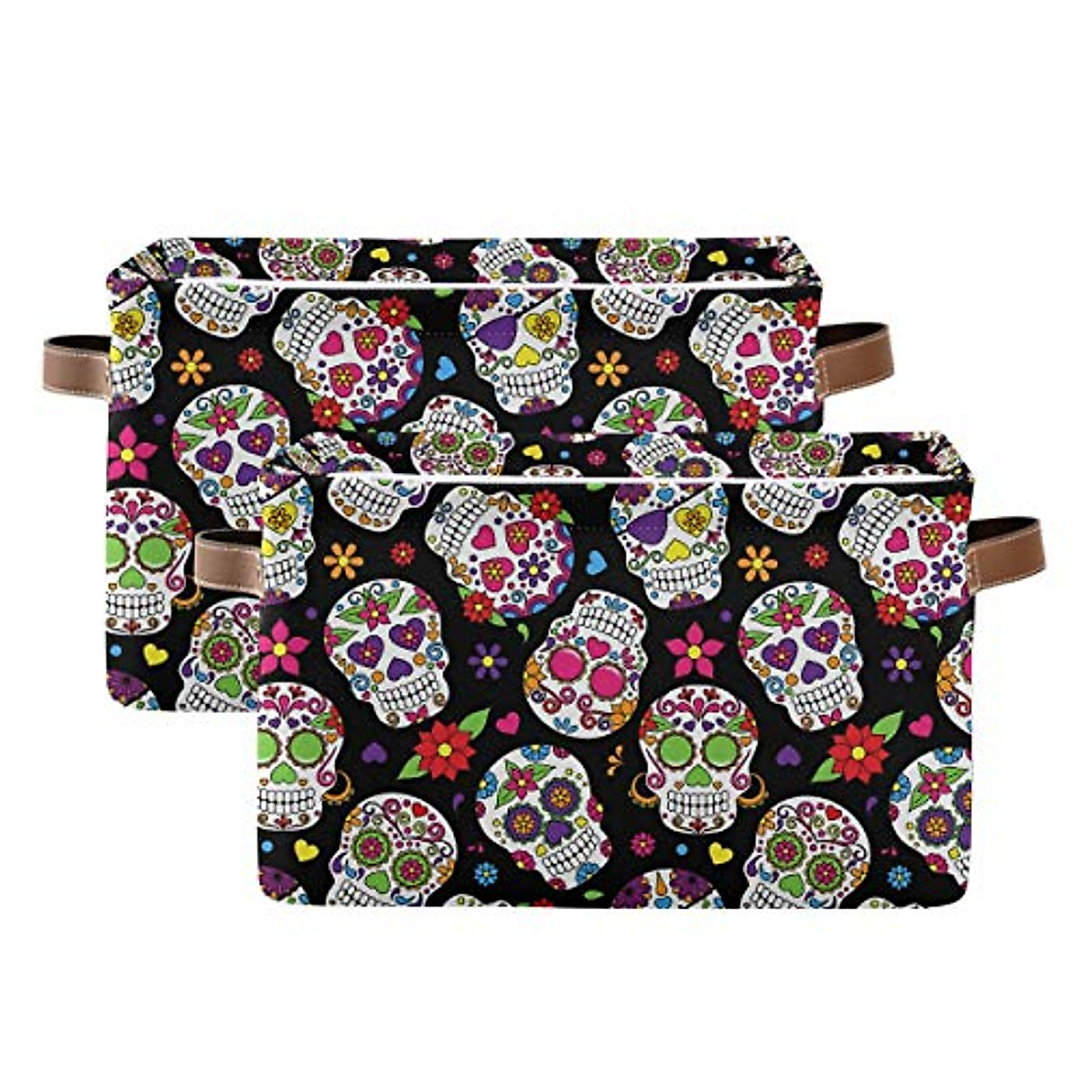 AGONA Large Foldable Storage Bin Colorful Dead Sugar Skull Storage Bins Collapsible Decorative Fabric Storage Baskets with Leather Handles for Home Closet Bedroom Organizer Nursery 1 Pack