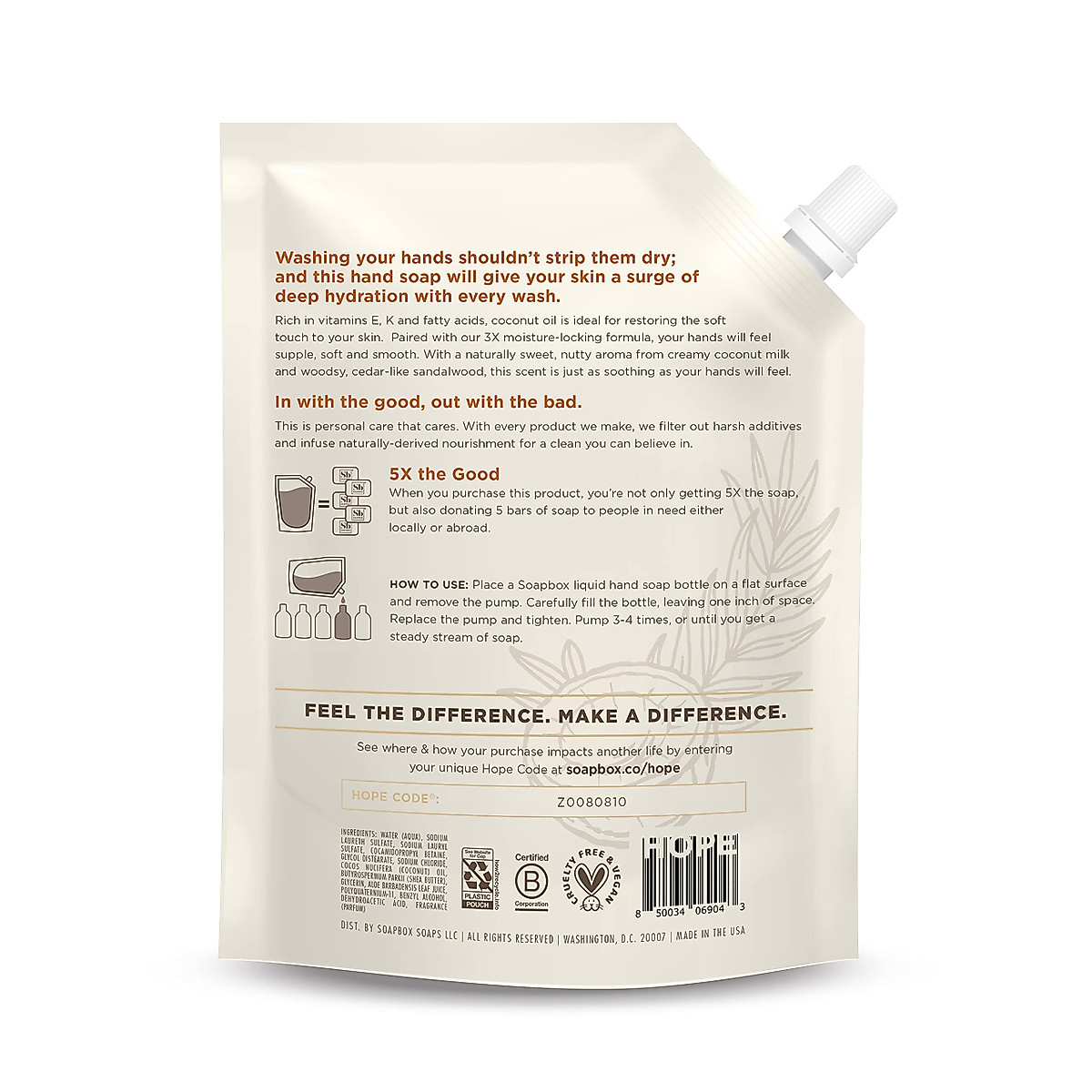 Soapbox Liquid Hand Soap Refill, Coconut Milk & Sandalwood | Vegan, Paraben Free, Moisturizing, Natural Hand Wash Refill for Kitchen and Bathroom, 64oz Half Gallon Refill (Pack of 1)