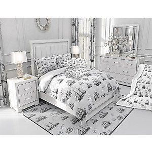 Feelyou Nautical Bedding Set Full Size Boat Print Comforter Cover Set for Kids Teens Adults Ancher Pattern Duvet Cover Ocean Themed Black White Bedspread Cover Room Decor 3Pcs with 2 Pillow Case