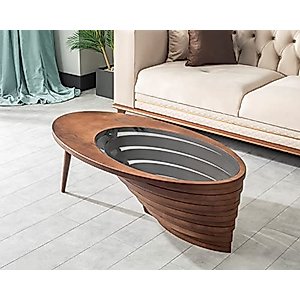 by Papella Design, Natural Walnut Veener Coffee Tables for Living Room, Rustic Table, Mesa De Centro para Sala, Center Table, Glass Table top, Walnut Color, (Drop)