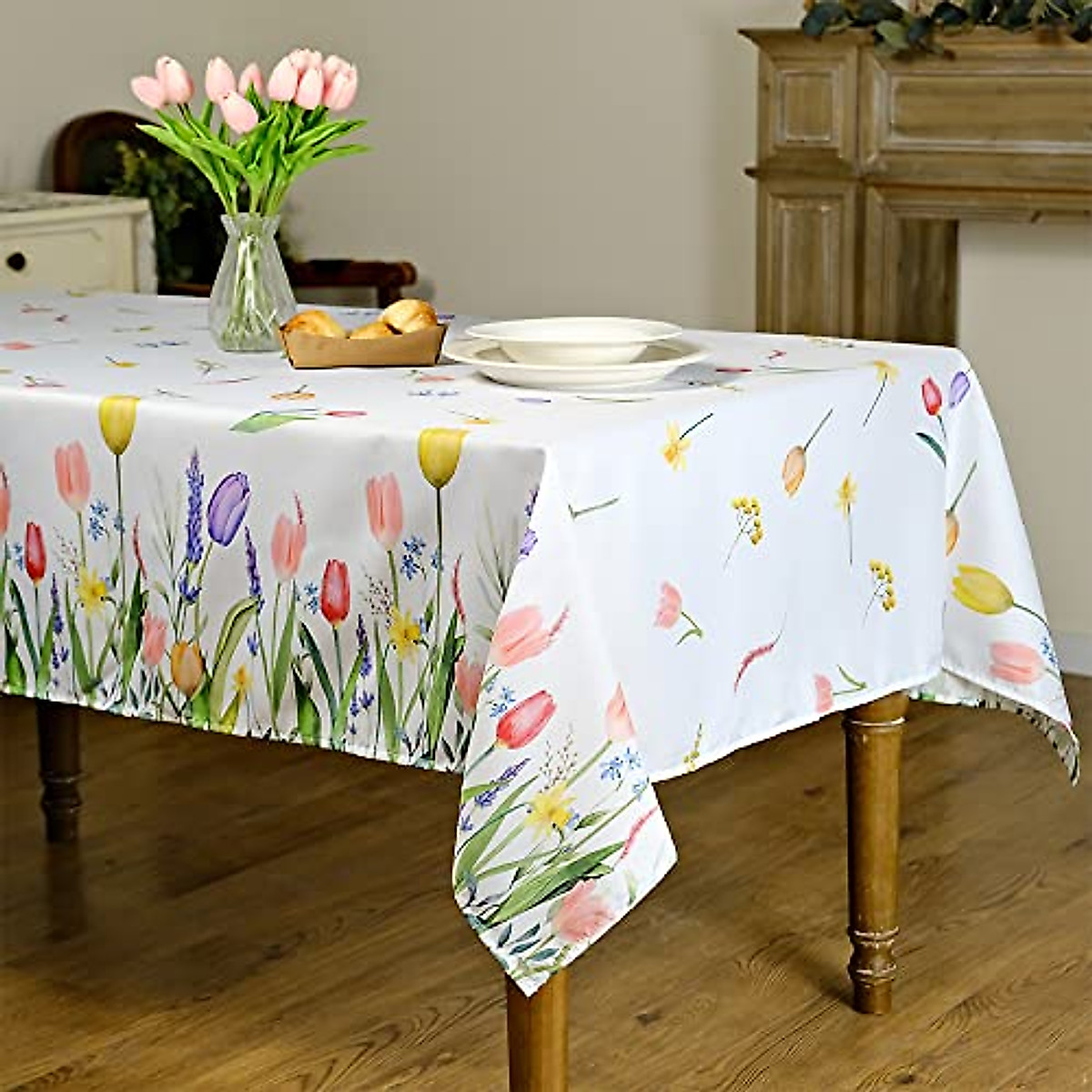 GEEORY Spring Easter Floral Tablecloth Rectangle 60X84 Inch Yellow Tulip Summer Decor Indoor Outdoor Seasonal Table Cover for Home Kitchen Dining Table ATC005
