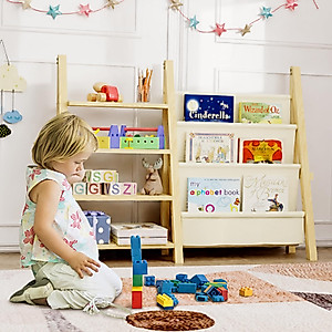 Oenalw Toy Storage Organizer with Kids Bookshelf, Montessori Wooden Toy Organizer Book Shelf for Kids Rooms, Nursery, Playroom, Child, Baby, Toddler Bookcase, Toys Rack Fabric Sling Book Shelves