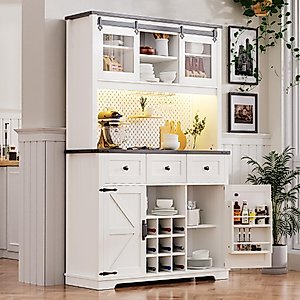 Farmhosue Pantry Bar Cabinet with Internal Storage Rack,Kitchen Cabinet with Hutch,Sliding Door,Power Outlet,Pegboard,Wine & Glasses Rack,3 Drawers,Rustic Coffee Bar Storage Cabinet,White Oak