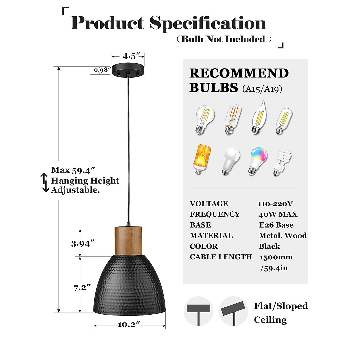 ELYONA Industrial Pendant Light, Hammered Hanging Lamp with Solid Wood & Metal Shade, Modern Pendant Light Fixtures for Kitchen Island, Bar, Farmhouse Dining Room, Bedroom, Living Room - Black