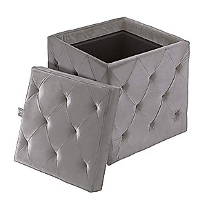 Inspire Me! Home Décor Genevieve Ottoman with Inset Faux Marble Tray Table Lid, Classy Pewter Grey Soft Velvet, 17 x 17 x 17 in, Glamorous Tufted Design, Comfortable Seating, Hidden Storage