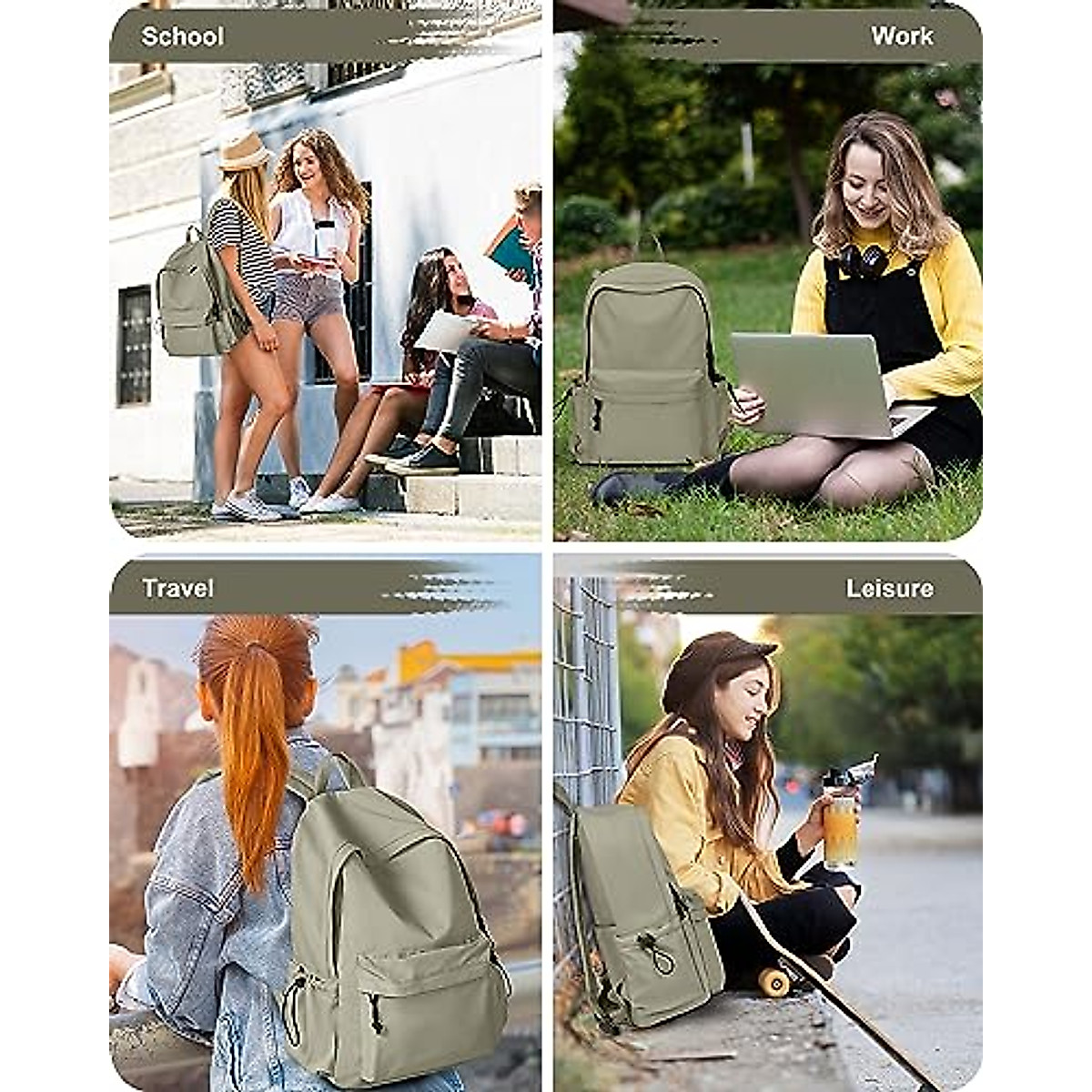 Green Backpack for Women Men, Waterproof High School Bookbag,Lightweight Casual Travel Daypack,Classic Basic College Backpack,Middle School Bag for Teen Girls Boys