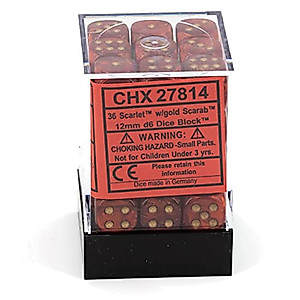 Chessex Dice d6 Sets: Scarab Scarlet with Gold - 12mm Six Sided Die (36) Block of Dice