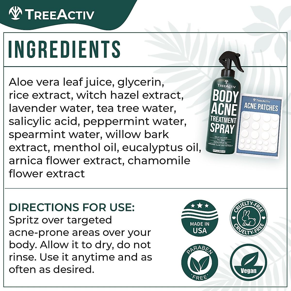 TreeActiv Body Acne Treatment Spray, 8 fl oz, 2% Salicylic Acid Spray for Body, Back Acne Treatment Spray with Tea Tree Oil and Aloe Vera, Gentle Back Acne Spray that Clears Body Acne, 2000+ Uses