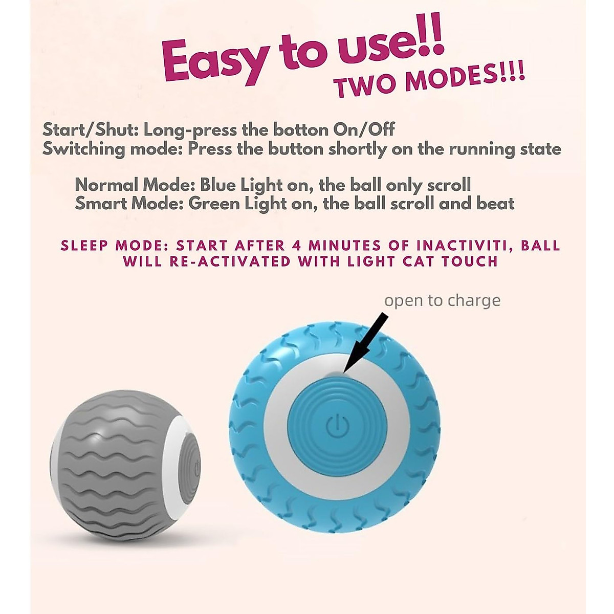 MYKIKI´s Catnip Smart Interactive Cat Toy, 2 Modes to Use, Automatic Rolling Ball for Indoor Cat Kitten, Quiet Operation, Easy to Use, Obstacle Avoidance, USB Rechargeable.