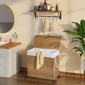 Greenstell Laundry Hamper with Wheels&Lid, 140L Large 3 Sections Clothes Hamper with 2 Types Removable Liner Bags, 5 Mesh Laundry Bags, Handwoven Divided Laundry Basket for Clothes, Natural