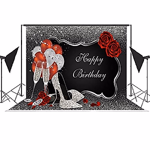 Sliver and Black Happy Birthday Backdrop Glitter Sequin High Heels Champagne Glasses Red Rose Balloons Adults Women Party Photography Background Old Age Party Decorations Supplies Banner