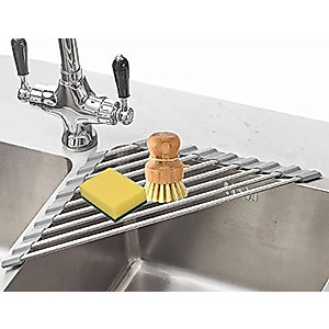 Fafcitvz Triangle Dish Drying Rack Multipurpose Roll-up Drying Rack for Sink Corner Stainless Steel Over The Sink Corner Dish Drainer Mat for Kitchen (Grey)