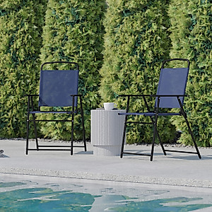 Flash Furniture Mystic Folding Patio Sling Chairs, Outdoor Textilene Lawn Chairs with Armrests, Set of 4, Navy