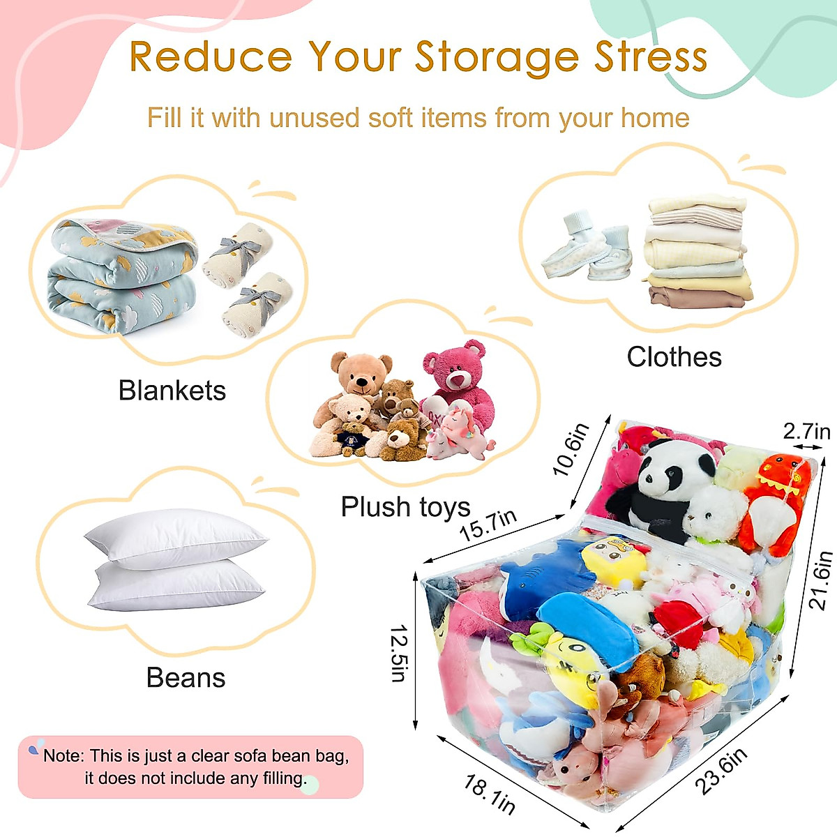 deependo Clear Stuffed Animal Storage Bean Bag Chair for Kids, PVC Bean Bag Chair, Creative Plush Toys Storage, Waterproof Bean Bag Chair Cover for Organizing Toddler & Kids' Rooms Plush Toys