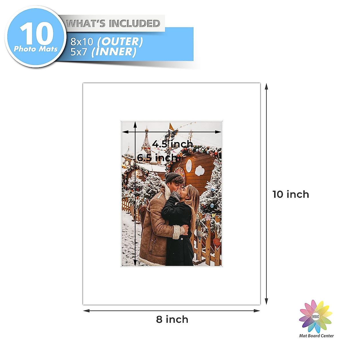 Mat Board Center, 10-Pack, 8x10 White Mats for 5x7 Pictures - White Core Bevel Cut Mattes, 4-Ply - Acid-Free, Photo Mat Board