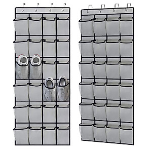 Rehomy 24 Mesh Large Pockets Over The Door Shoe Organizer, Hanging Shoe Organizer for Closet Door Shoe Rack Hanger Holder, Gray