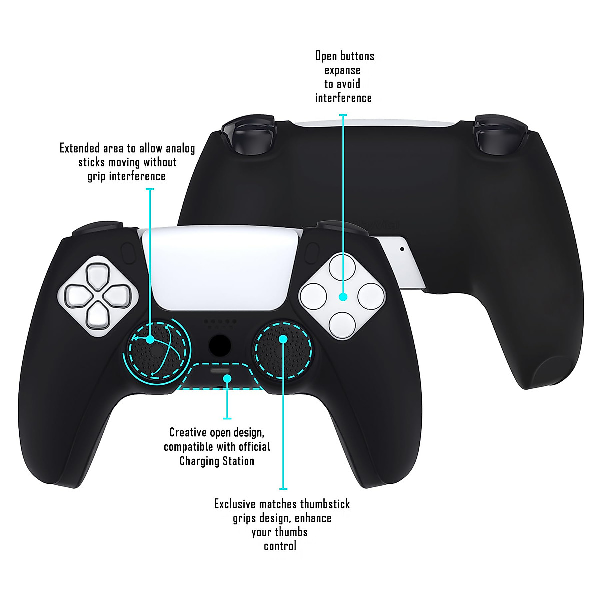 PlayVital Pure Series Dockable Model Anti-Slip Silicone Cover Skin for ps5 Controller, Soft Rubber Grip Case for ps5 Wireless Controller Fits with Charging Station with 6 Thumb Grip Caps - Black