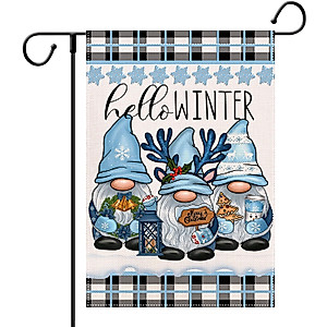 Gnome Garden Flag - Hello Winter Snowflake Garden Flags 12x18 Double Sided Christmas Yard Flag Buffalo Plaid Burlap Farmhouse Welcome Decorative Flags for Outside Outdoor Lawn Xmas Decoration