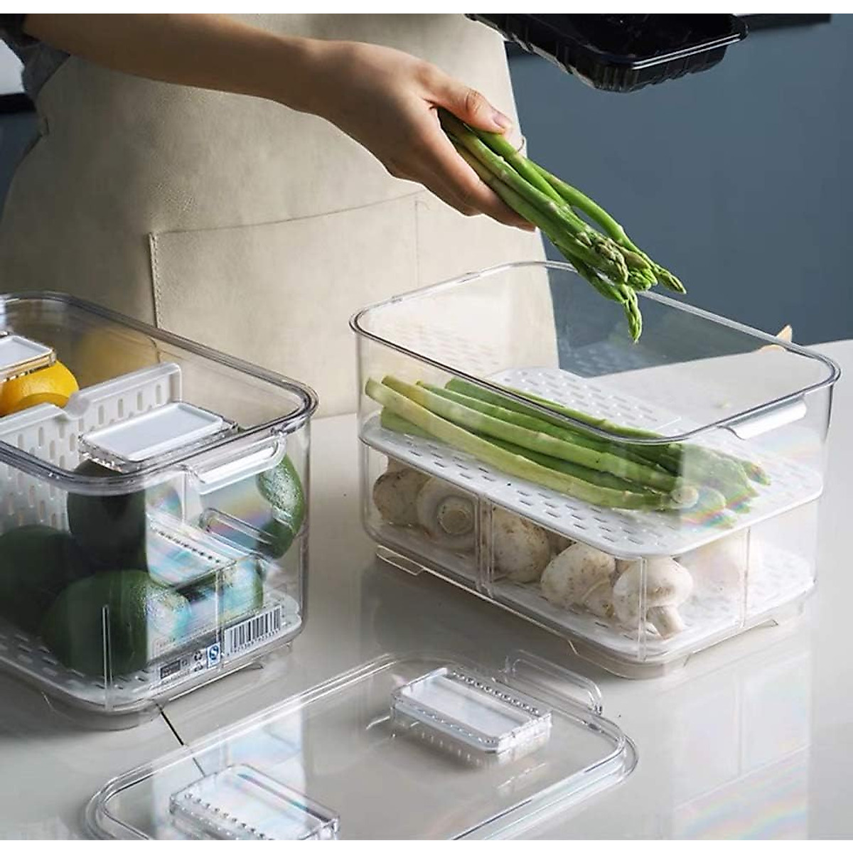 blitzlabs Produce Saver Lettuce Container, Refrigerator Organizer Bins Fridge Food Storage Containers with Lids and Removable Drain Tray for Freezer Cabinet Kitchen Organization 2800ML -2 Pack