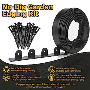 JAZIPO No Dig Landscape Edging Border 2.2 Inch Tall | 40 FT with 40 PCS Spikes, Garden Edging Border, Plastic Lawn Edging for Landscaping, Flower Beds, and Yard, Black