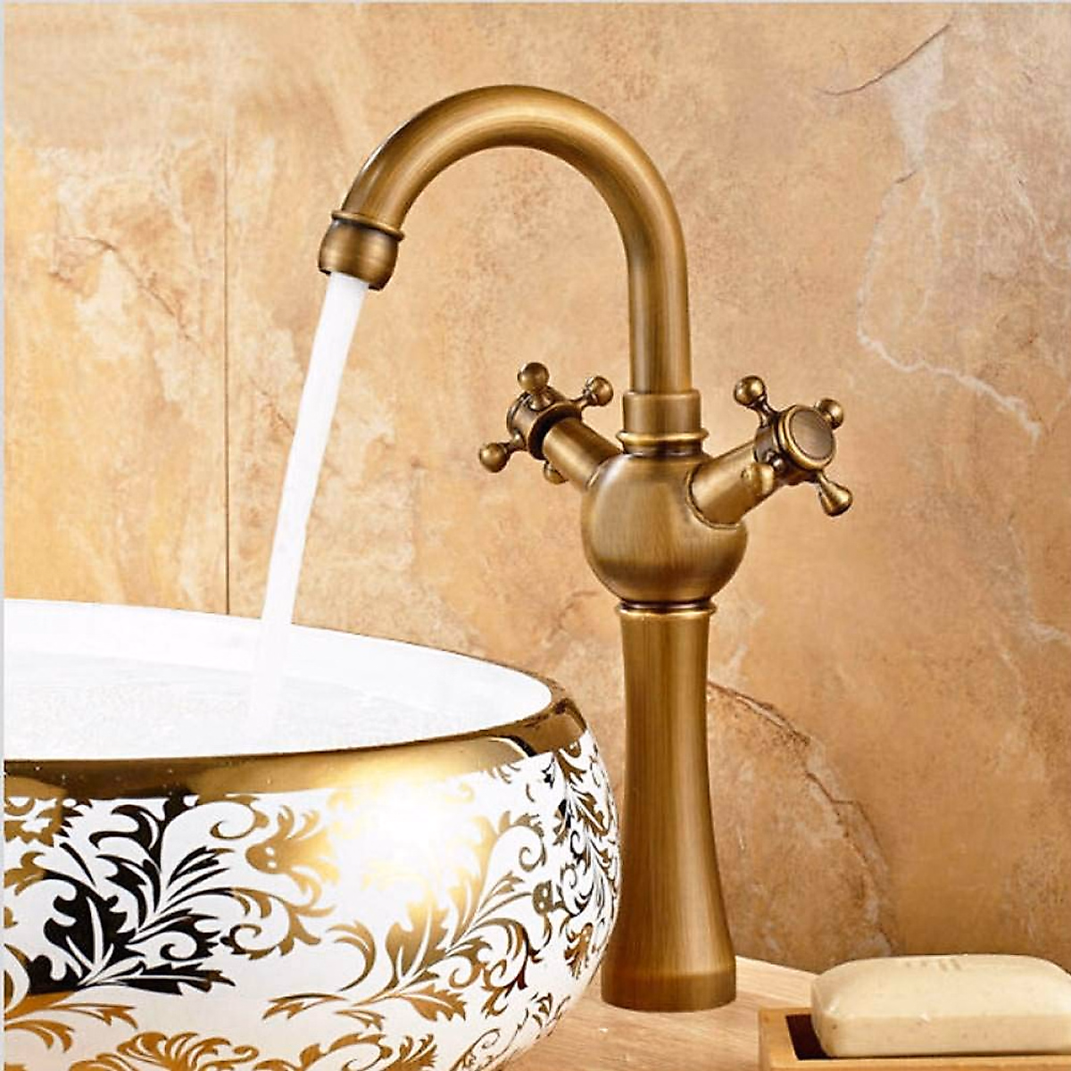 Kitchen Faucet Sink Tall Waterfall Spout Bathroom Vessel Sink Faucet Single Lever Countertop Mixer Tap Antique Brass