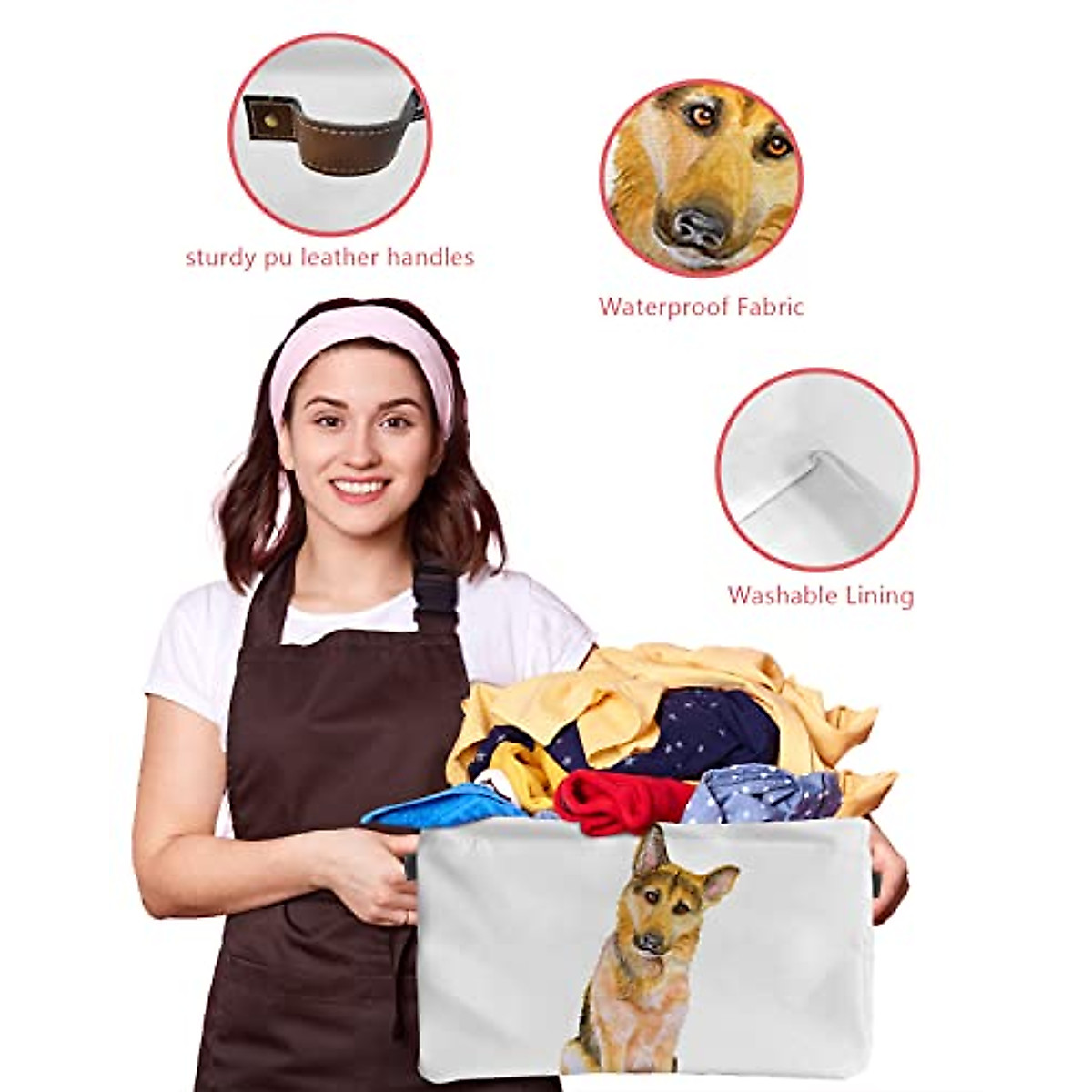 Dog Lover Decor Storage Bins Large Foldable Storage Baskets for Shelves, Waterproof Storage Boxes with Handles for Closet Cabinet Living Room Laundry - German Shepherd Illustrations White Backdrop