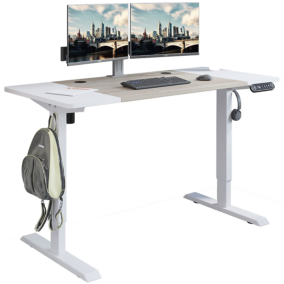 Radlove Electric Height Adjustable Standing Desk, 55 x 24 Inches Stand Up Workstation, Splice Board Home Office Computer Table Ergonomic (White Frame + 55" White+Maple Top)