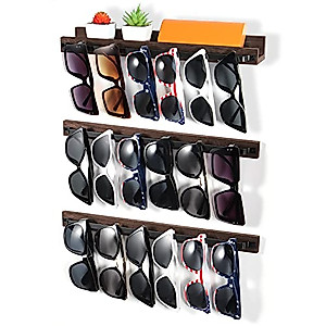 ART-GIFTREE 3 Pack Sunglasses Holder Organizer: Wood Wall Mounted Eyewear Display Rack, Eyeglasses Hanging Stand for Front Door Entryway Living Room Garage (Brown)
