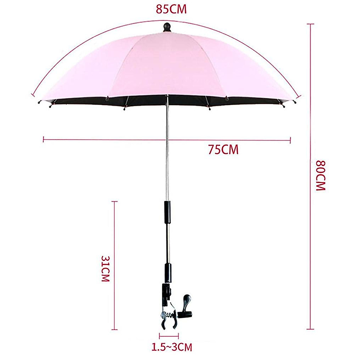 ICRPSTU Universal Pushchair Parasol Umbrella,Pram Parasol with Clamp Buggy Umbrella with Adjustable Clip on UV Protection Umbrella for Wheelchair Users Chair for Children (Black)
