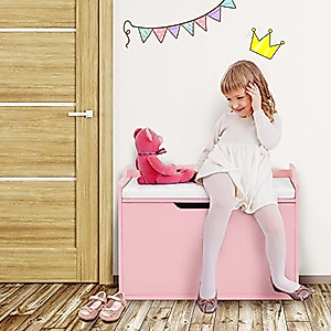 Costzon Kids Wooden Toy Chest, Wide Toy Box Storage Chest with Bench Seat, Toy Storage Trunk Case with Finger-Pinch Prevention, Lift-Top Foot Rest Seat for Toddler Bedroom Playroom Entry (Pink)