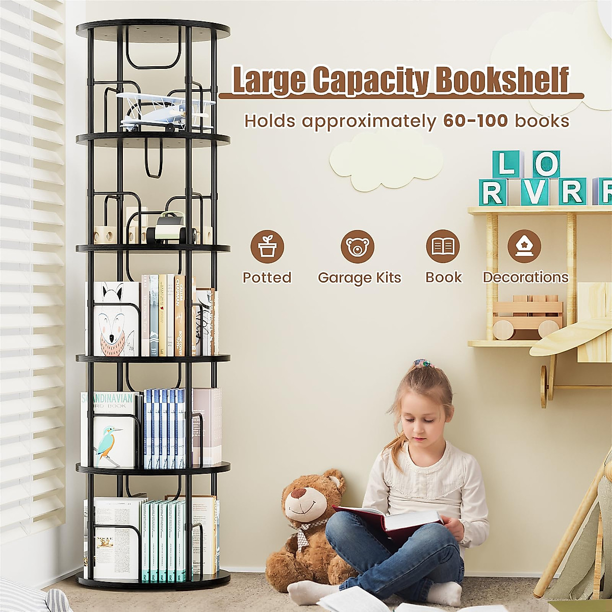 ALLSTAND 5 Tier Rotating Bookshelf, 360 ° Display Stackable Spinning Bookshelf Tower, Corner Bookshelf Tall Floor Standing Swivel Bookcase Narrow Storage Organizer for Bedroom, Living Room, Black