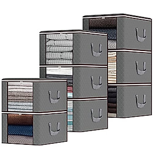 Isbasa 8 Pack Large Clothes Storage Bags, Foldable Storage Bags for Clothes, Comforter, Blanket, Pillow with Clear Window Sturdy Zipper and Reinforced Thick Fabric Handle, Grey, 90L