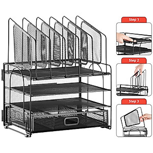 Marbrasse Desk Organizer with Drawer, 4-Tier Mesh Desk File Organizer with 5 Vertical File Holders and 2 Pen Holders, Multifunction Desktop Organizer,Desk Organizers and Accessories for Home Office