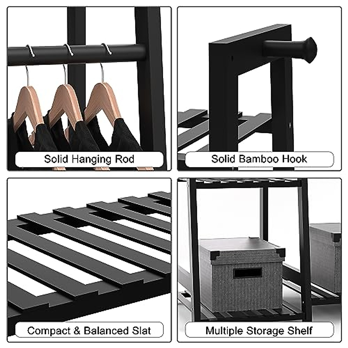 WTZ Clothes Rack, Bamboo Garment Rack with Shelves, Clothing Rack for Hanging Clothes, Freestanding Closet Organizer for Living Room Bedroom Entryway Bathroom Office, CR-538 Black