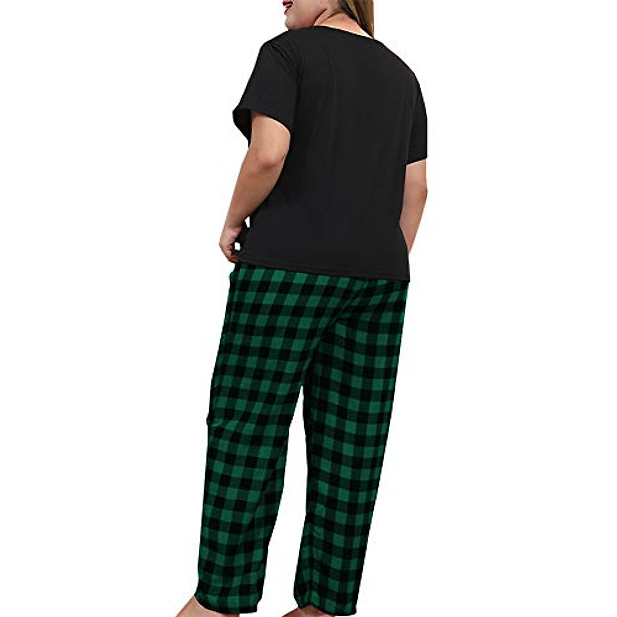 KAMONG Women Plus Size Pajamas Set Plaid Lounge Pants V-Neck Long/Short Sleeve Cotton T Shirt 2 Piece Sleepwear Green