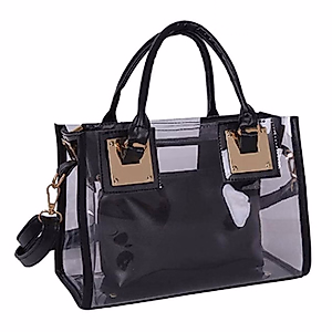 RainboSee Women 2Pcs Small Tote Clear Shoulder Top-handle Bag PVC Transparent Satchel Candy Handbag Clutch Purse Wallet Black