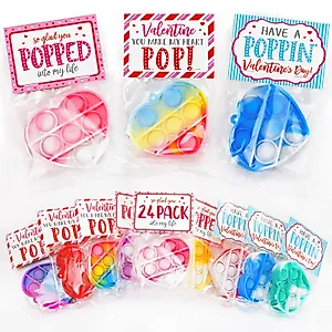Valentines Day Gifts for Kids - Valentines Day Cards for Kids - Set of 24 Pop Heart Fidget Toys Bulk - Valentine Exchange Cards for Toddlers Girls Boys School Classroom Party Favors Age 3 Year and Up