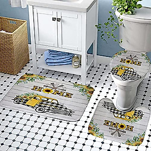 Dia Magico 4PCS Farm Truck Shower Curtain Set, Black White Buffalo Plaid Car Yellow Sunflower Daisy Floral Windmill Country Rustic Farmhouse Bathroom Decor, Fabric Shower Curtain, Non-Slip Bath Mat