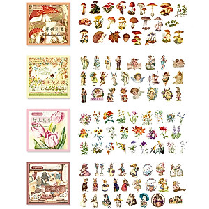 Cute Scrapbook Stickers Pack（300 Pieces）Butterfly Mushroom Flower Angel Peter Rabbit Small Size Decal Seals Set for Planner,Bullet Journaling,Junk Journal,Retro Crafts,Decoupage Stationary Supplies(Secret Garden)