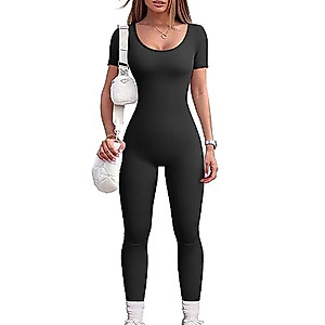 OQQ Women's Yoga Ribbed One Piece Workout Short Sleeve Top Exercise JumpSuit, Black, Small