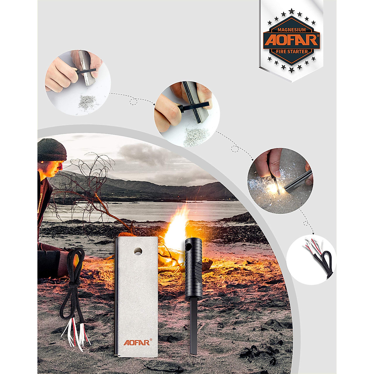 AOFAR Magnesium Fire Starter AF-374 (2-Pack) Waterproof Fire steel Pouch for Camping, Hiking, Hunting, Backpacking,Outdoor survival fire striker kit