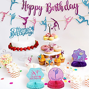 36 Pieces Gymnastics Party Supplies Decoration 2 Gymnastics Birthday Banner 3 Table Honeycomb Centerpieces 12 Cupcake Topper 1 Cake Topper 18 Latex Balloons for Baby Shower Gender Reveal Party Favors