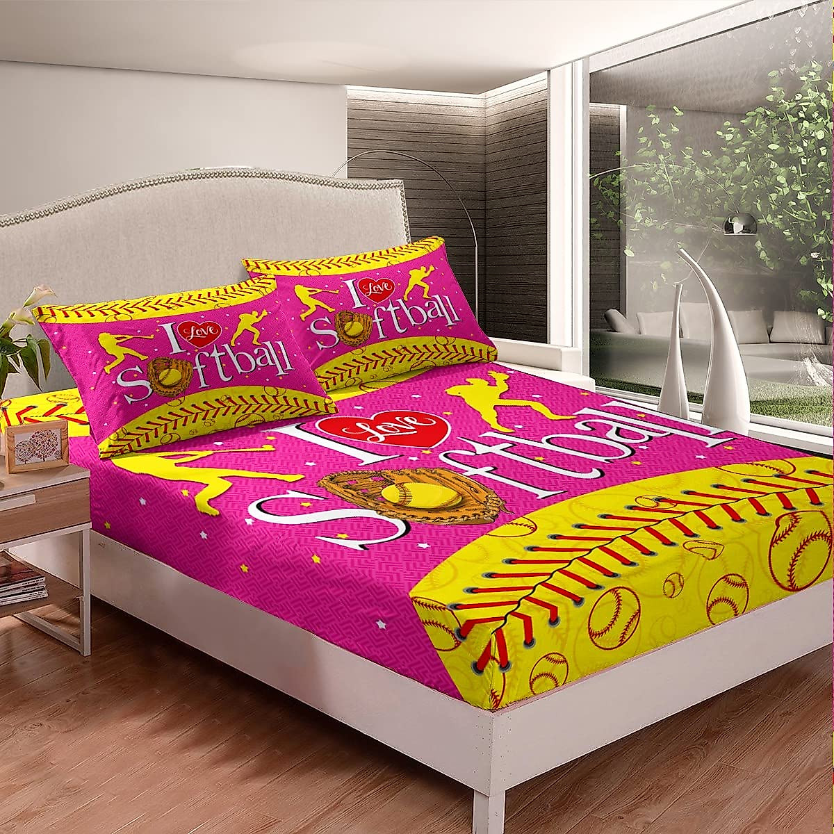 Softball Player Bedding Set Twin Size Sports Softball Bed Set for Girls Teens Bedroom Decor Kids Yellow and Pink Fitted Sheet Soft Microfiber Gaming Bed Cover(1 Fitted Sheet+1 Pillow Case)