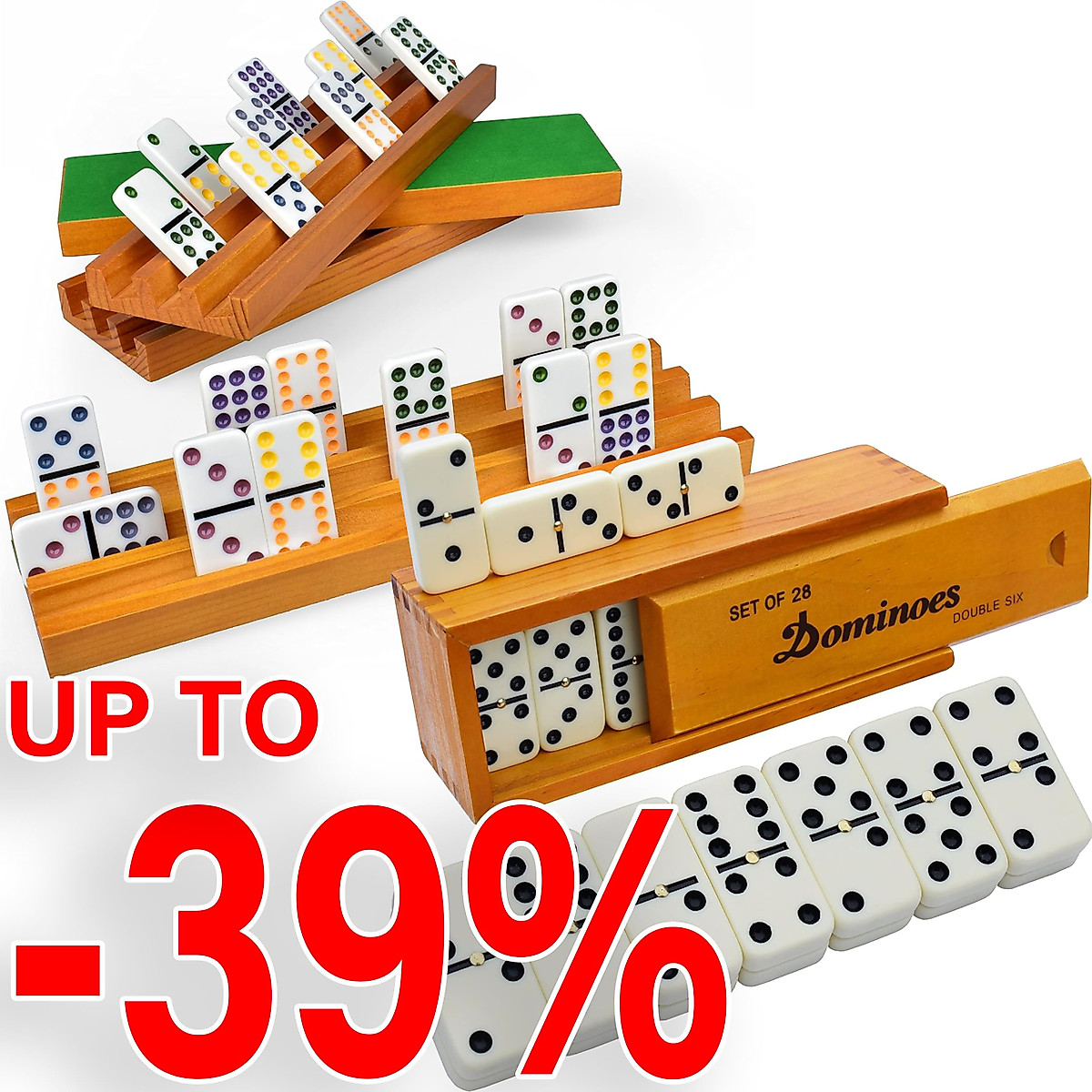 Queensell Dominoes Double 6 + Domino Holders Large