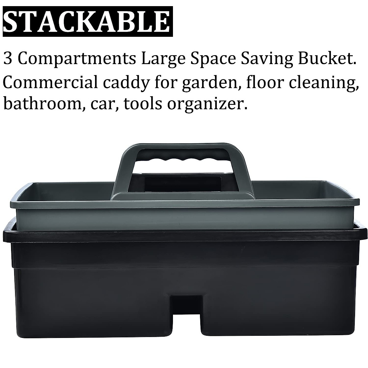 3-Compartment Plastic Cleaning Caddy Tray– Stackable Large Commercial Quality Plastic Tool Organizer Bucket with Handle, Grey