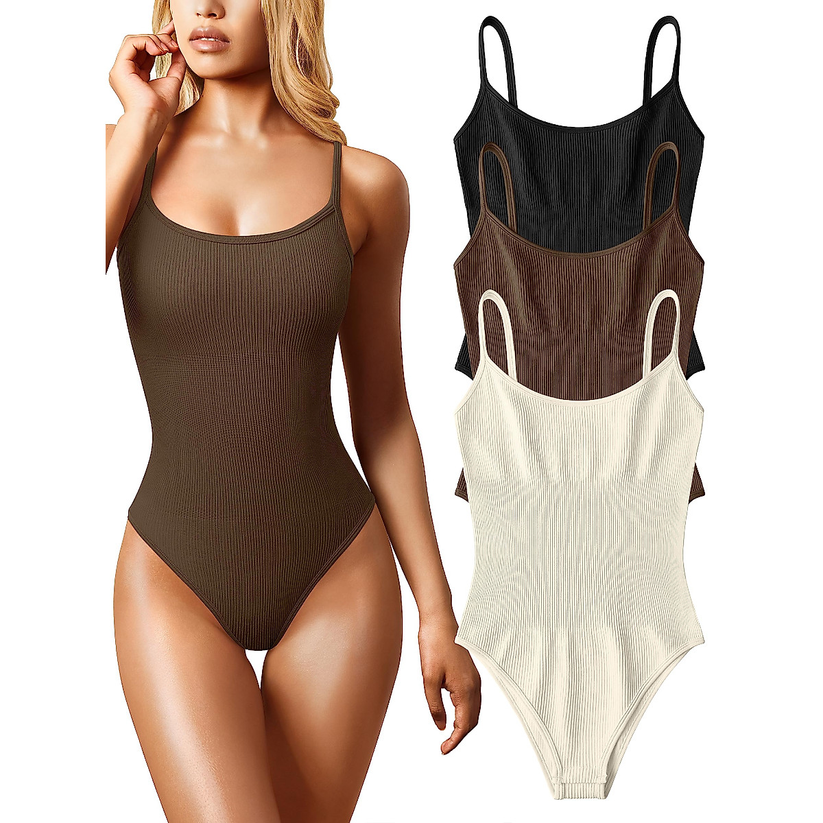 OQQ Women's 3 Piece Bodysuits Sexy Ribbed Sleeveless Adjustable Spaghetti Strips Tops Leotard 2025 Summer Black Coffee Beige