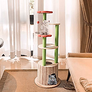 SENNAUX 51in Cat Tree Multi-Level Cat Tower Cat Condo Cat Activity Tree with Sisal Scratching Post Cat Climbing Flower Tower House for Cats Kittens Pets 6 Layers(Light Brown&Red)
