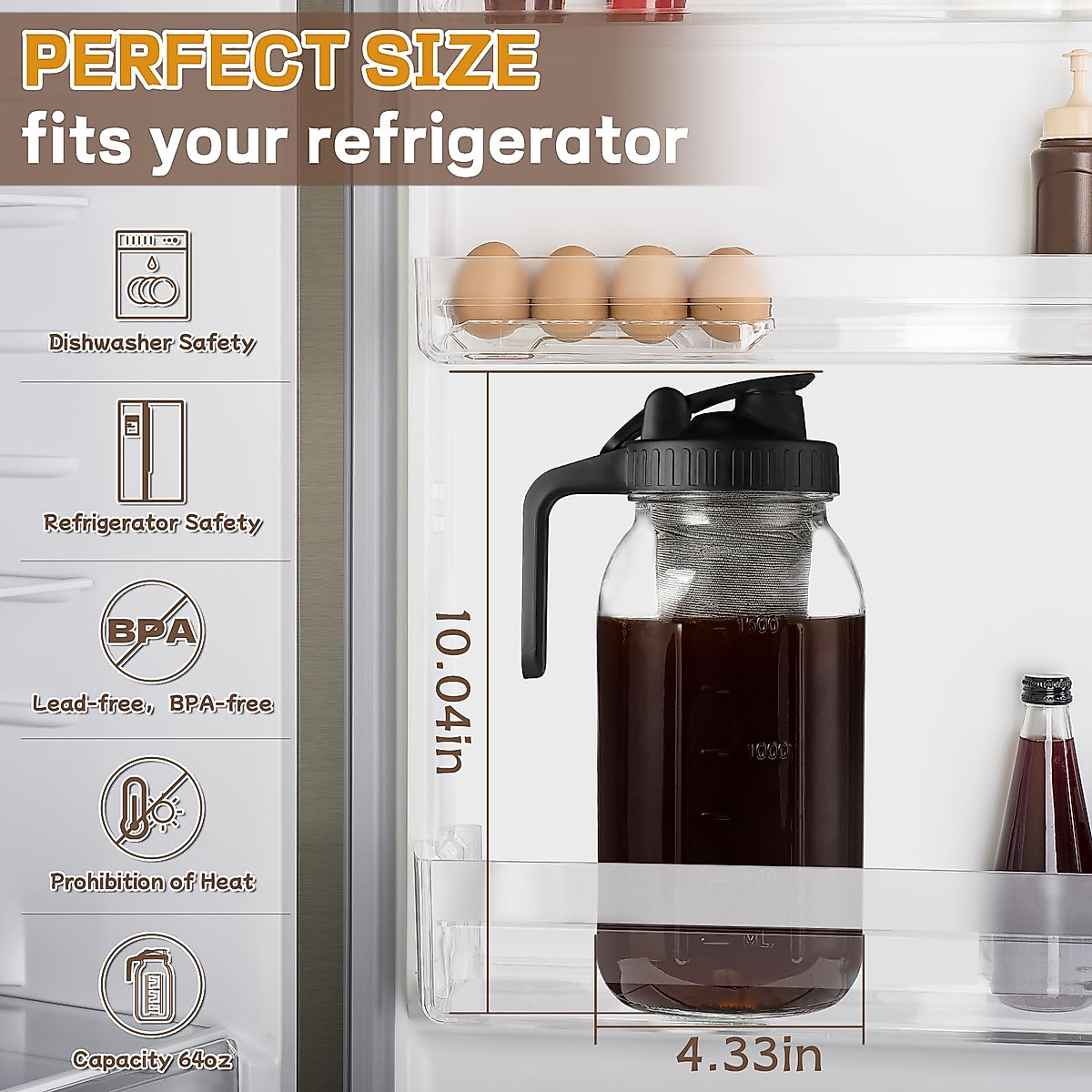 DWTS DANWEITESI Cold Brew Coffee Maker 64 oz,2-Quart Wide Mouth Cold Brew Maker with Stainless Steel Cold Brew Filter-Mason Jar Pitcher with Lid and Spout for Coffee,Iced Coffee Accessories(Black)