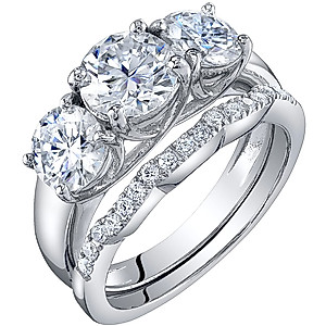 PEORA Moissanite 3-Stone Classic Engagement Ring and Wedding Band Bridal Set in Sterling Silver, 2.75 Carats Total, DE Color, VVS Clarity, Size 4.5